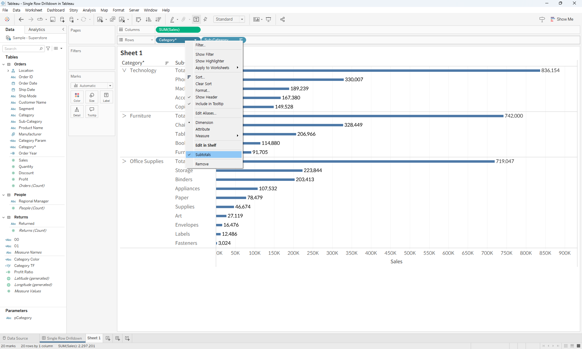 How to Drill Down a Single Row Hierarchy in Tableau
